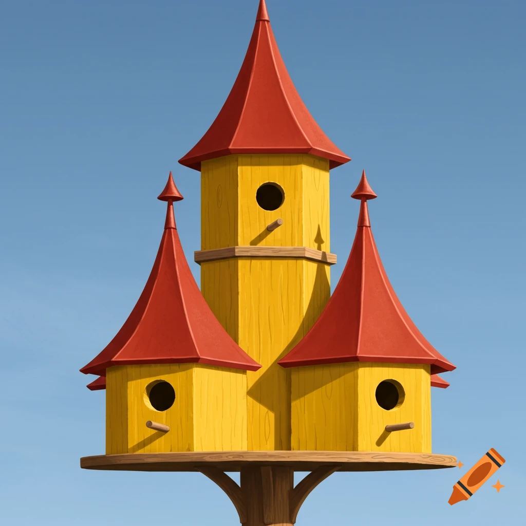 A yellow birdhouse structure with multiple red pointed roofs ...
