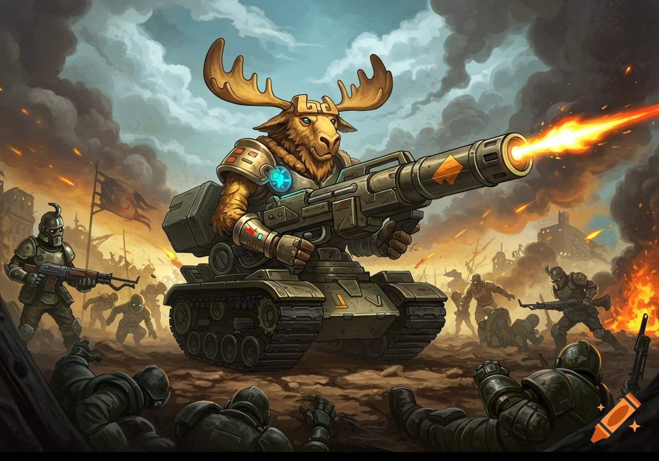 An armored moose-like creature on a tank fires a large gun in a battle ...
