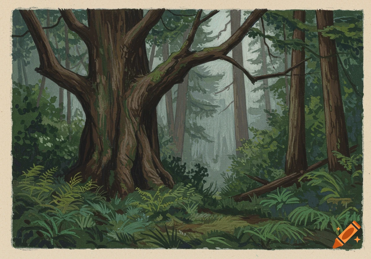 A stylized drawing of a forest with a large tree in the foreground and ...