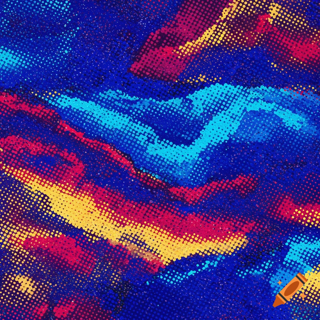 Abstract pattern of layered dots in blue, red, yellow, and cyan. on Craiyon