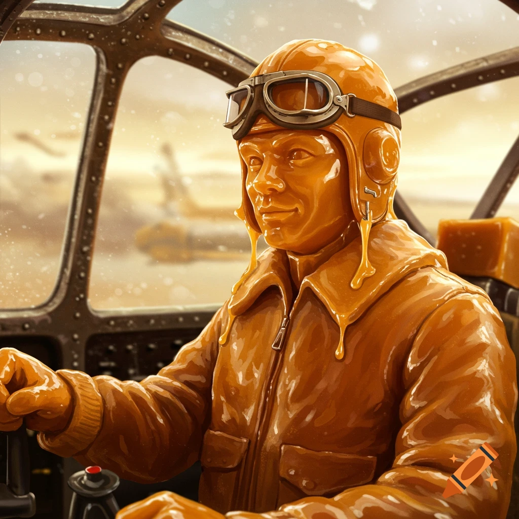 Pilot made of caramel sitting in a cockpit on Craiyon