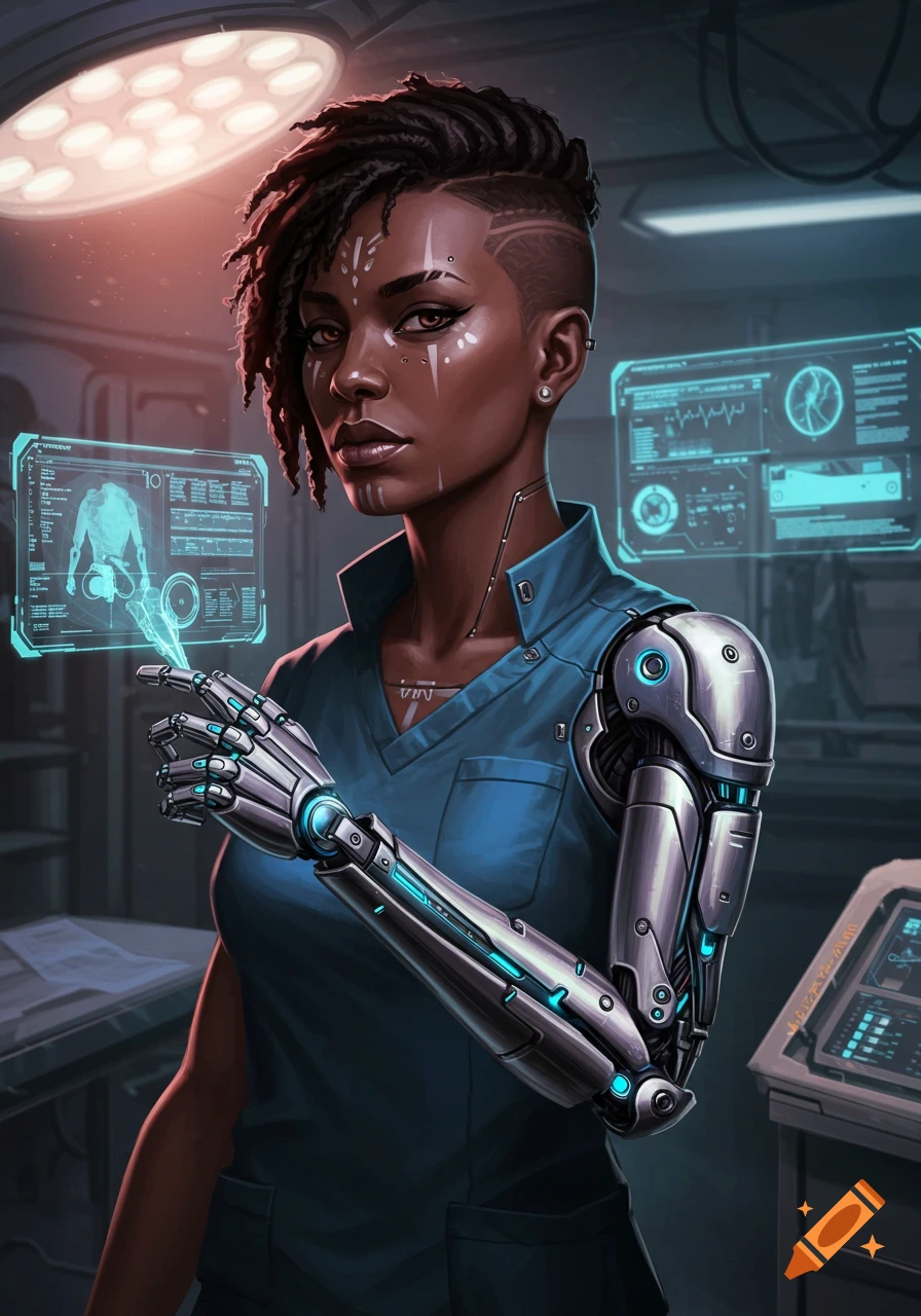 Cyberpunk medical technician with cybernetic arm interacting with ...