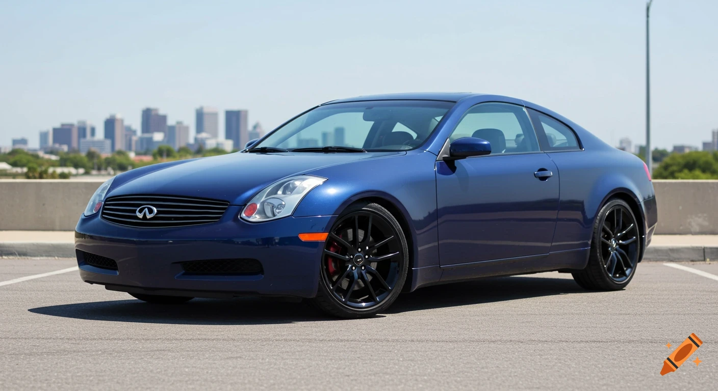 Blue Infiniti G35 coupe parked in front of a city skyline. on Craiyon