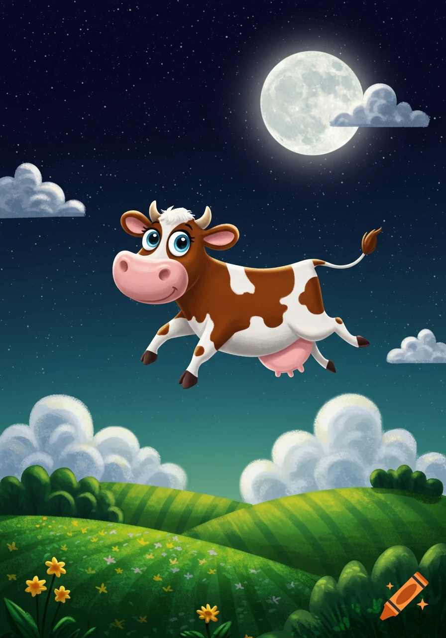 Cartoon cow flying over a starry field towards a full moon at night. on ...