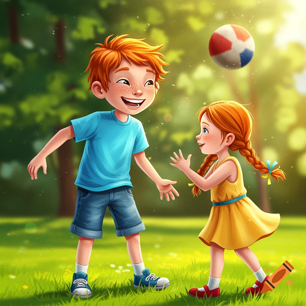 Illustration of a smiling ginger boy and a young girl playing catch ...