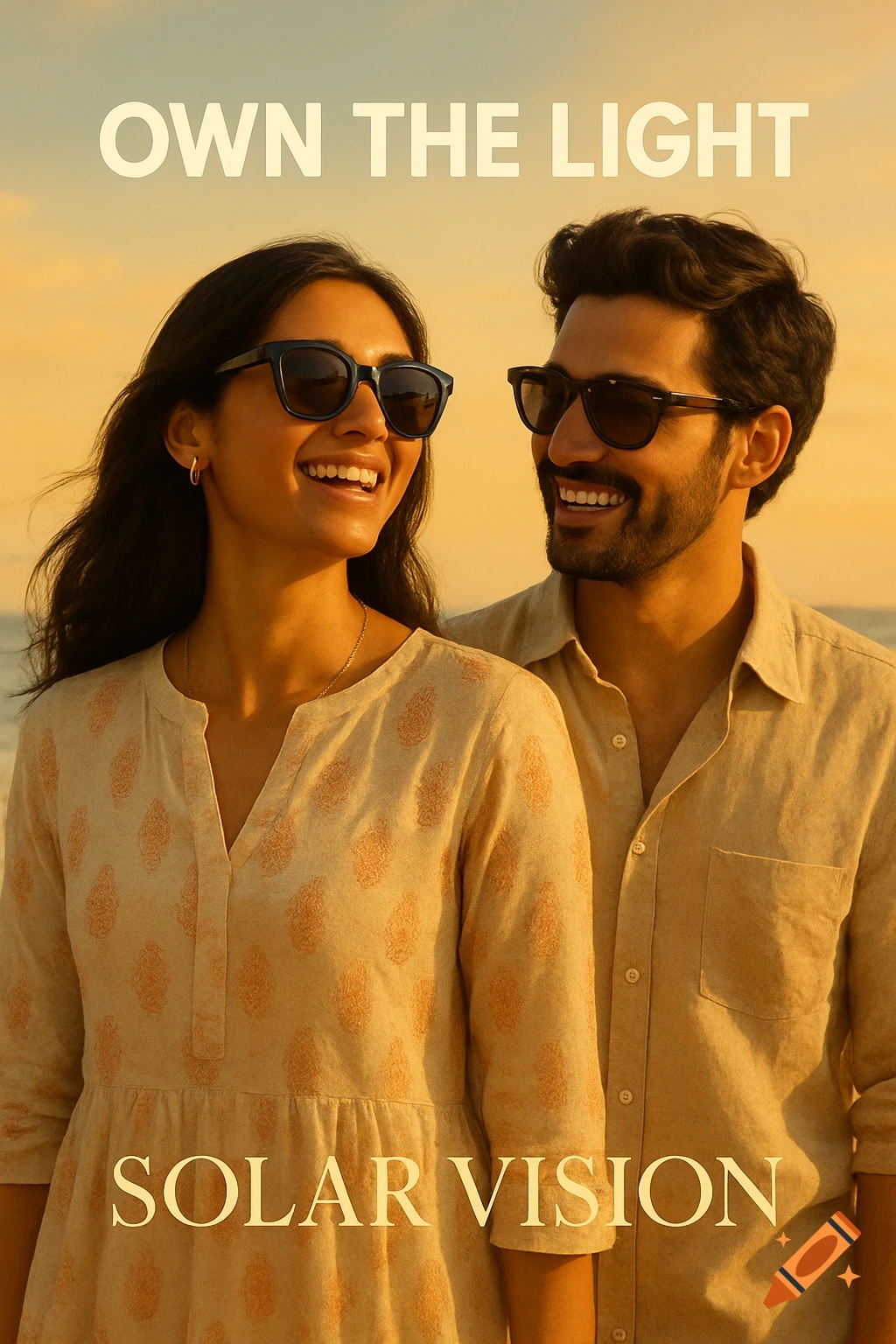 South Asian couple wearing sunglasses on a beach at sunset, with "Own The Light" and "Solar ...