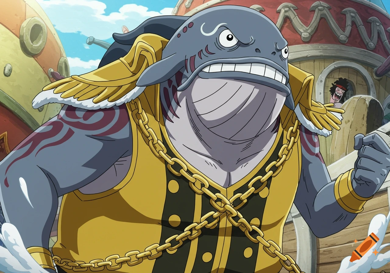 Large, muscular Fishman character from One Piece with tattoos, gold ...