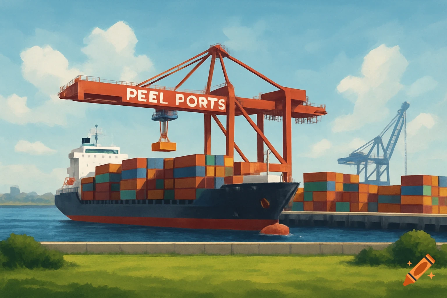 A cargo ship docked at a port with a large orange crane and shipping containers. on Craiyon