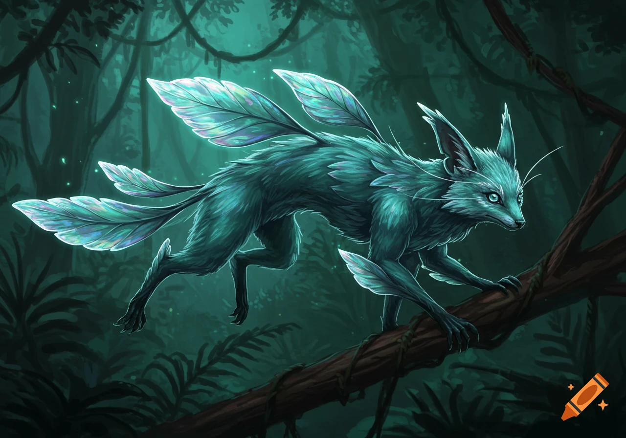 A fantastical fox-like creature with glowing feathers climbs a branch ...