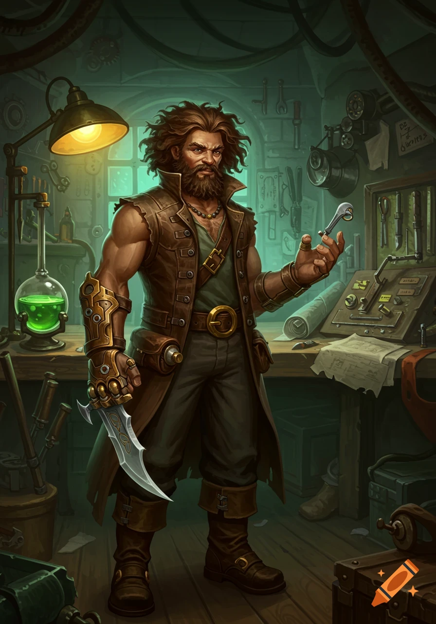 Illustrative portrait of a fantasy inventor in a workshop, holding a ...