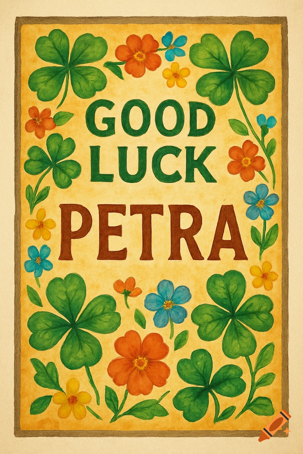 Good luck poster with text 'GOOD LUCK PETRA' surrounded by shamrocks ...