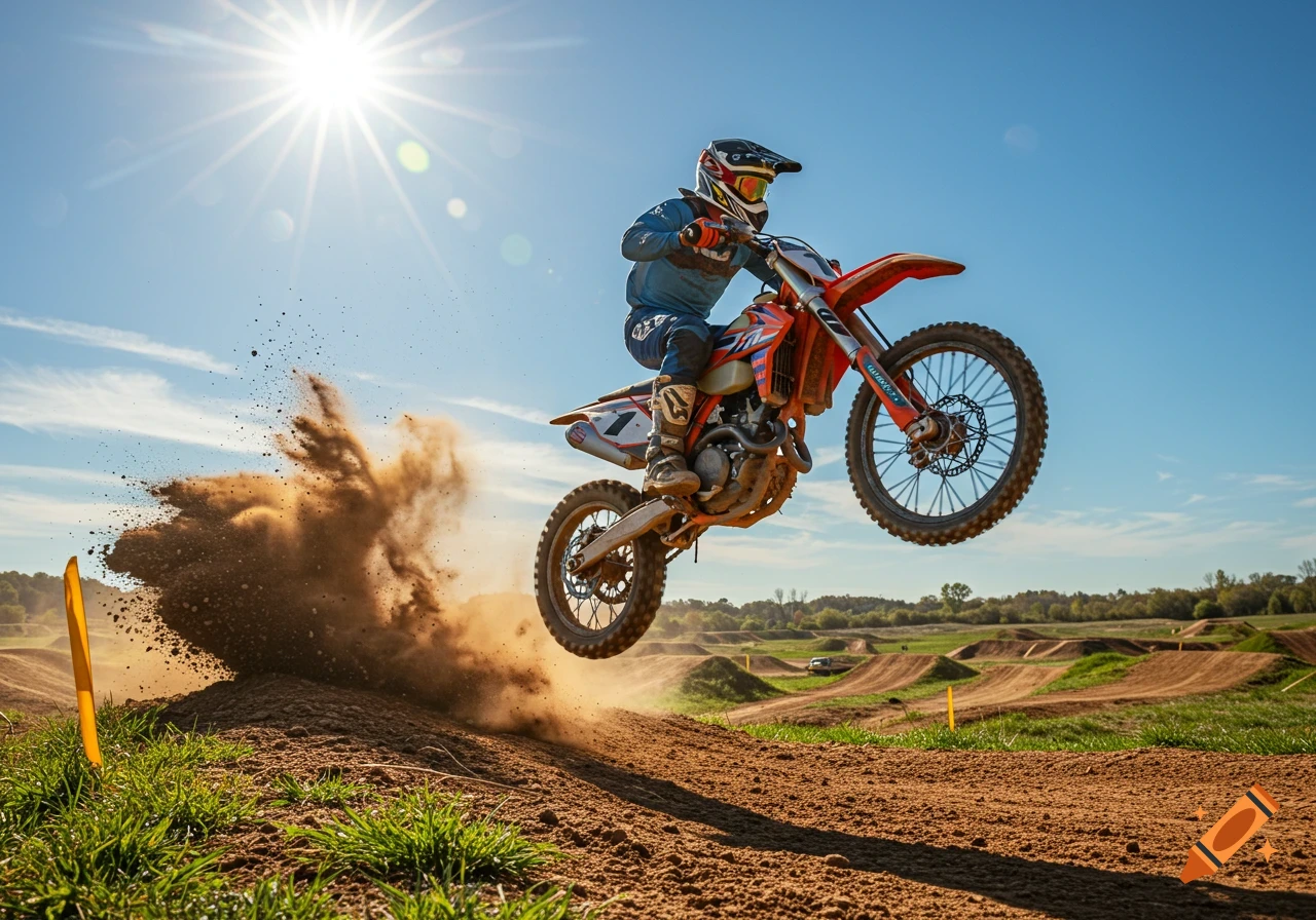 A motocross rider jumps a dirt bike over a track, kicking up dust under ...