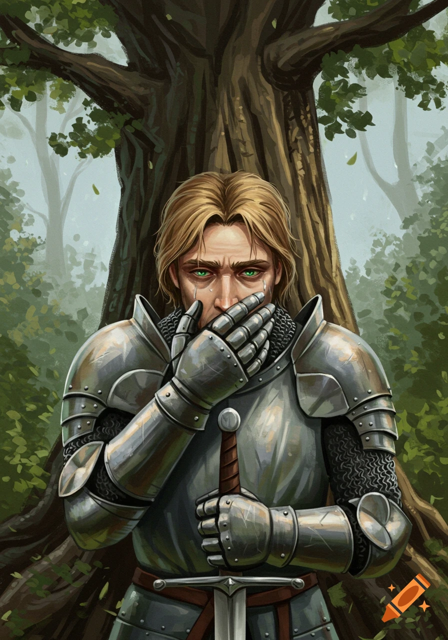 A crying knight in armor stands in a forest, covering his mouth with ...