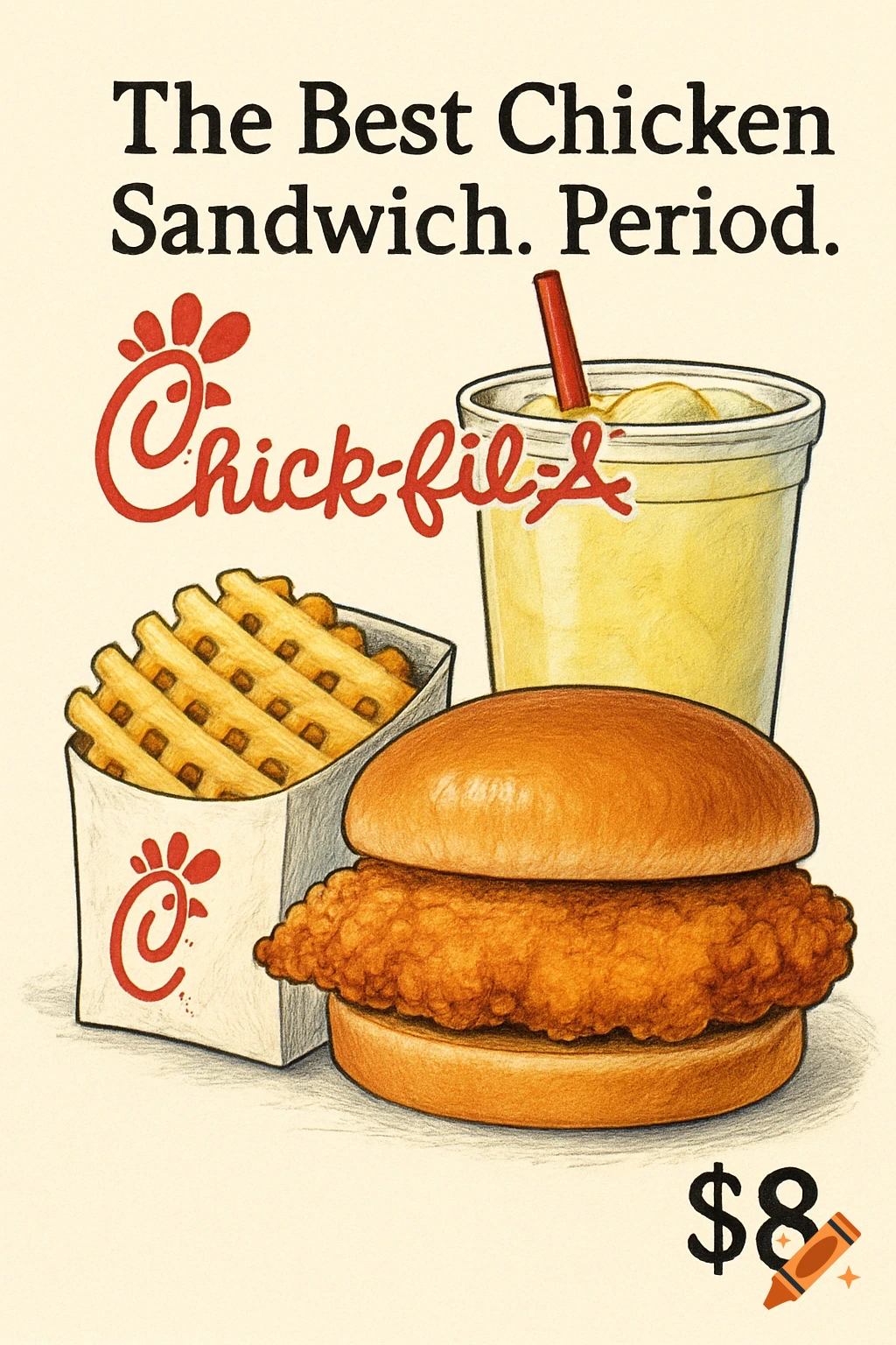 A drawing of a Chick-fil-A chicken sandwich, waffle fries, drink, and ...