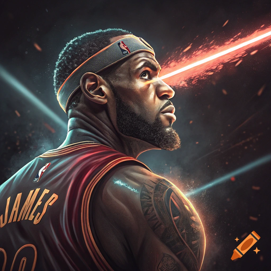 Lebron James with lasers shooting from his eyes, wearing a basketball ...