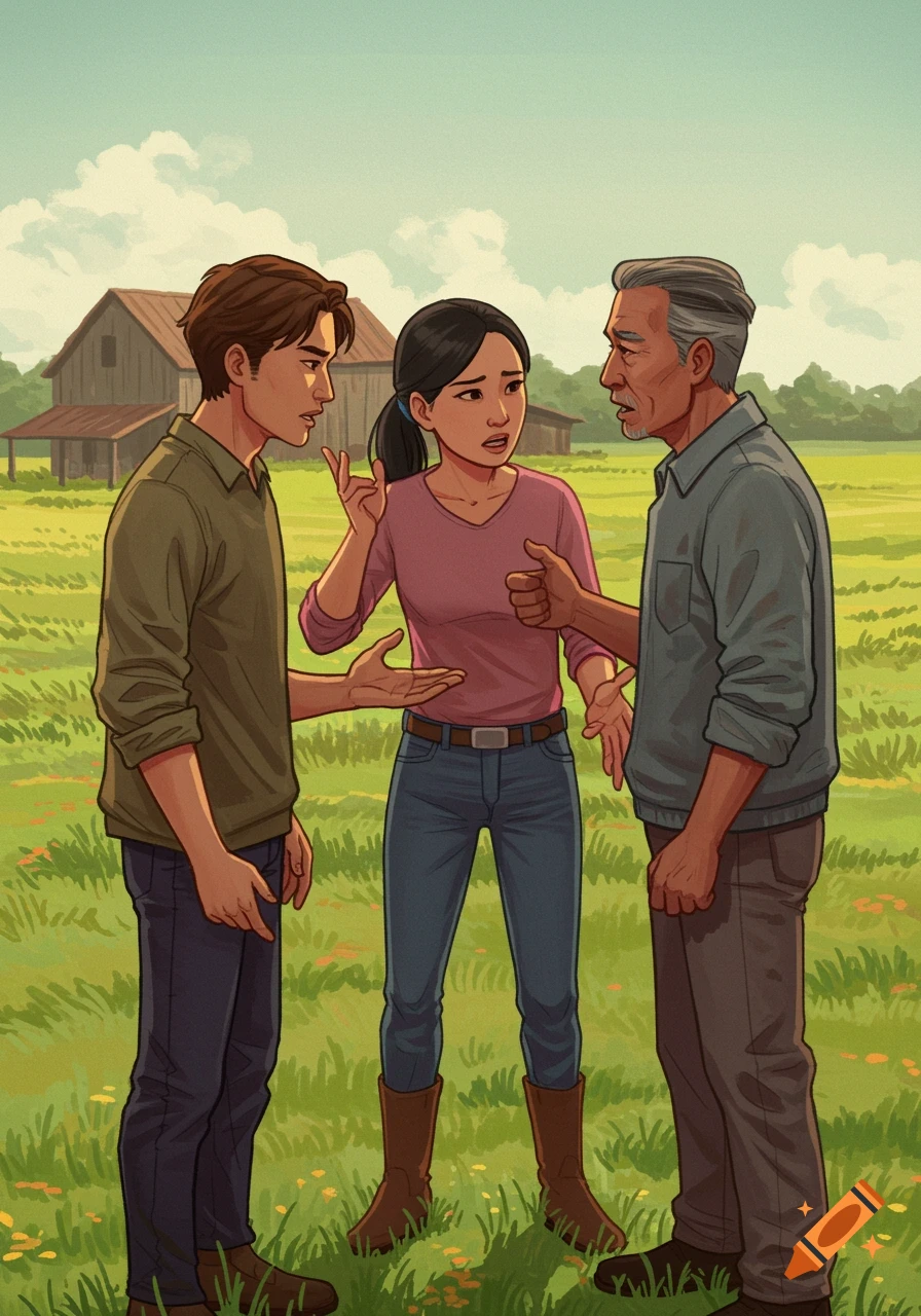 Illustration of three Asian adults arguing in a field outside a barn ...
