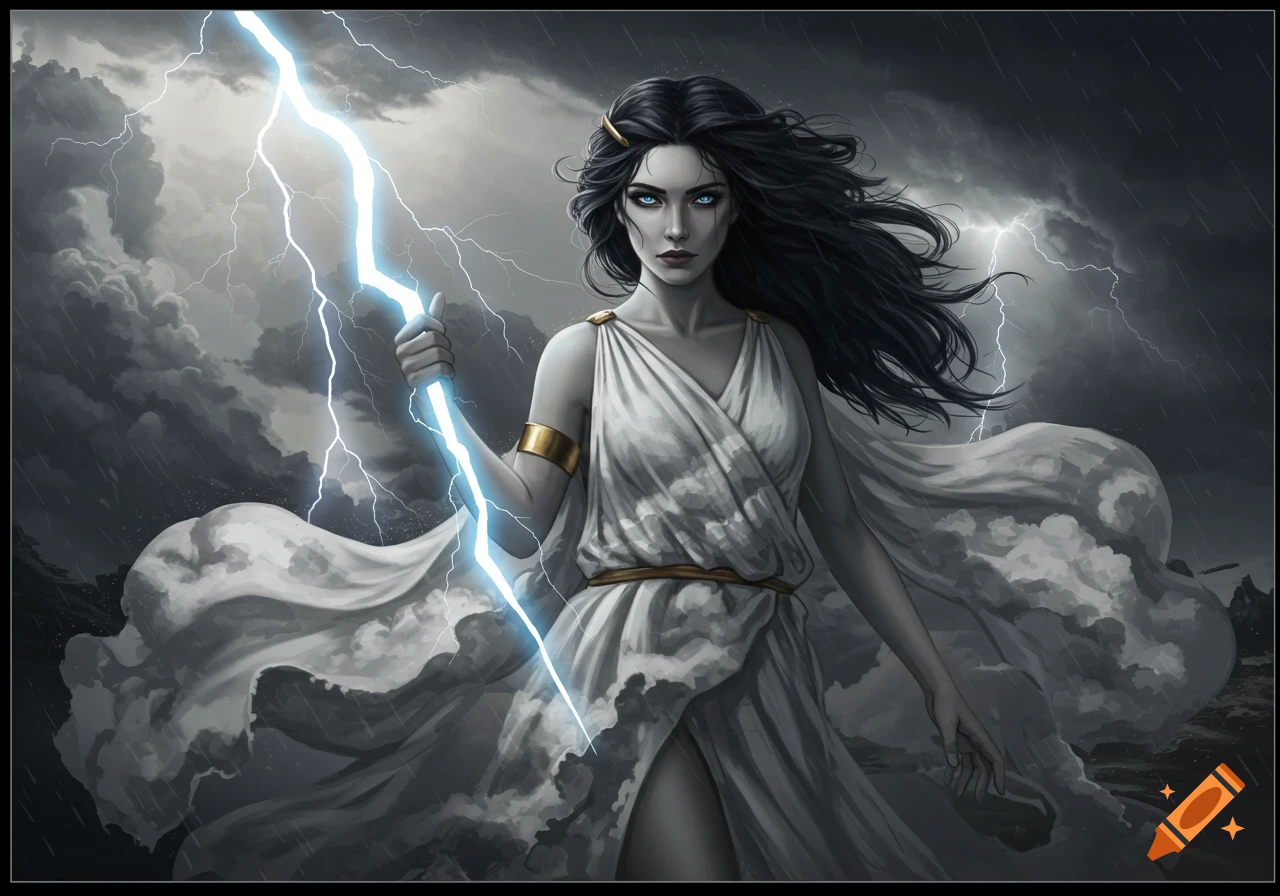 Roman goddess of storms holding lightning during a thunderstorm. on Craiyon