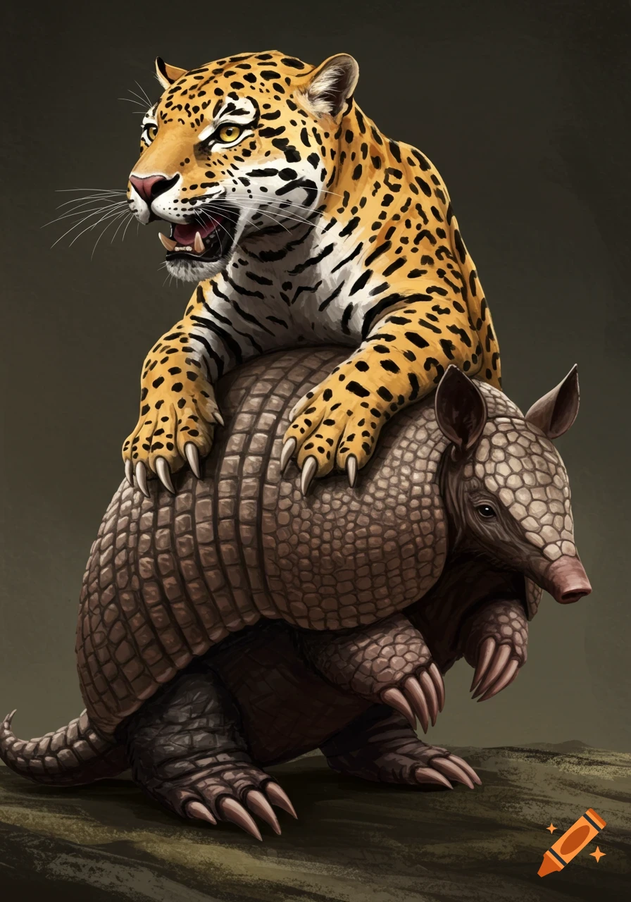 A fantasy creature hybrid of a jaguar, mole, and armadillo stands upright, featuring jaguar head ...