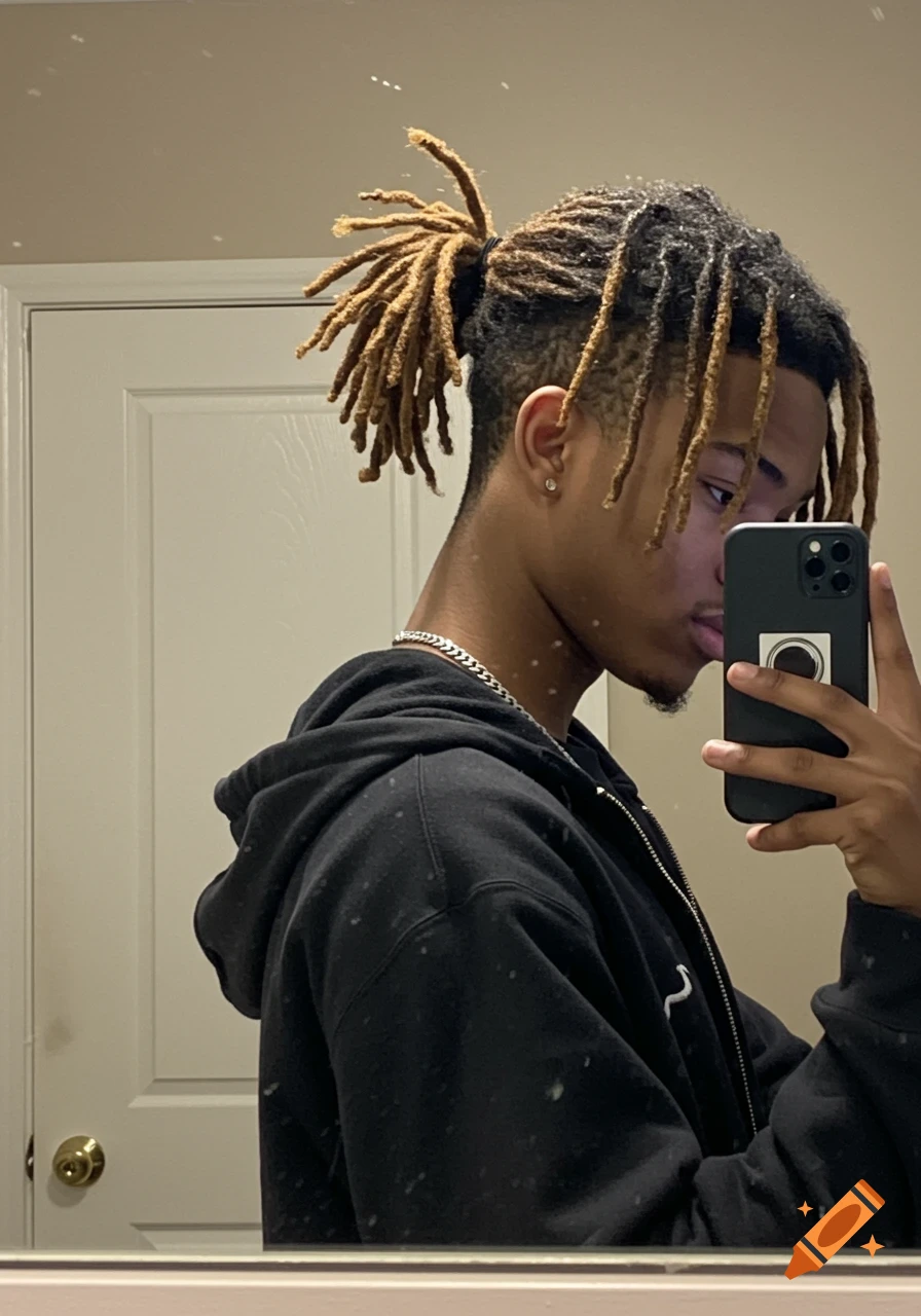 Young man with dreadlocks takes mirror selfie. on Craiyon
