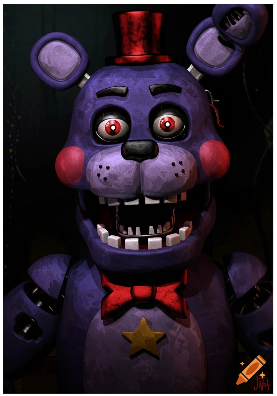 Close-up of a purple animatronic character with red eyes, cheeks, hat ...