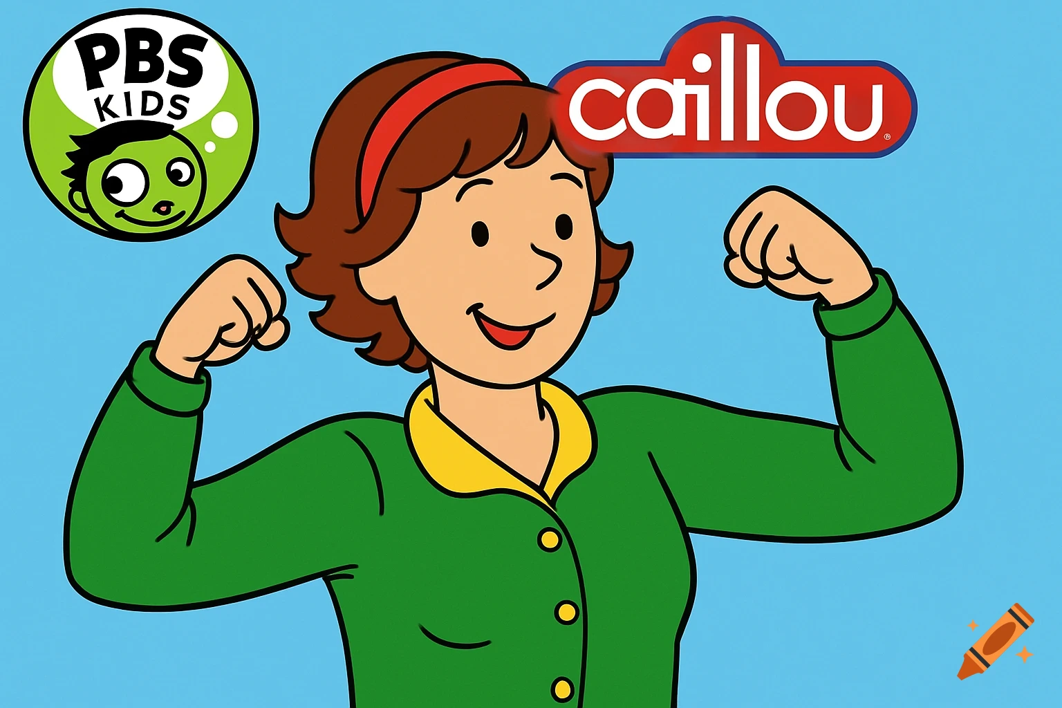 Cartoon woman flexing muscles with PBS Kids and Caillou logos on Craiyon