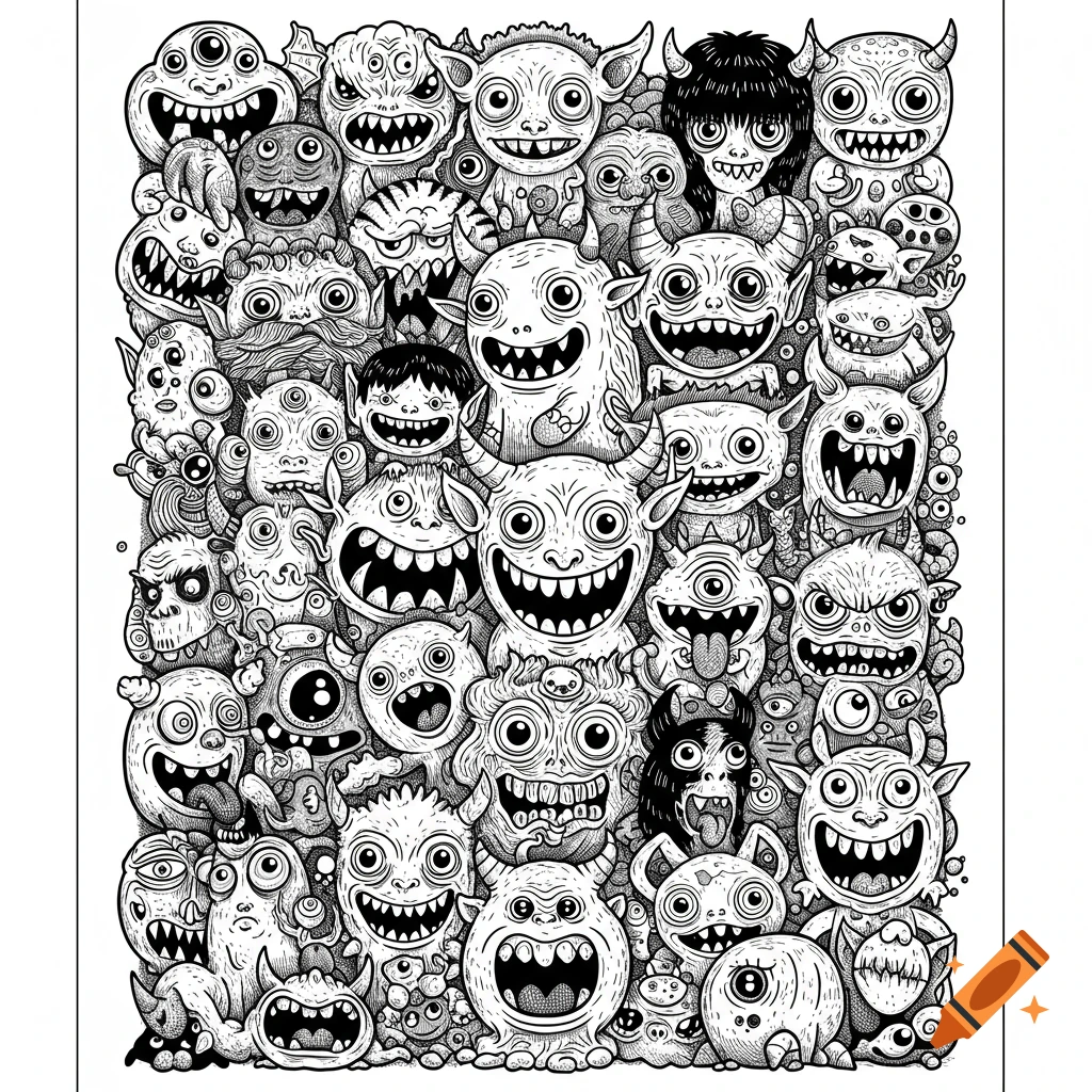 Black and white illustration filled with many cartoon monsters in a ...