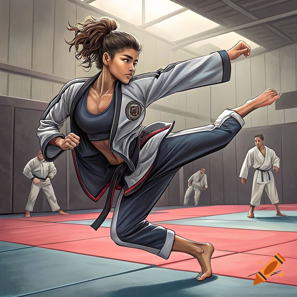 Woman in a martial arts uniform performing a high kick in a dojo on Craiyon