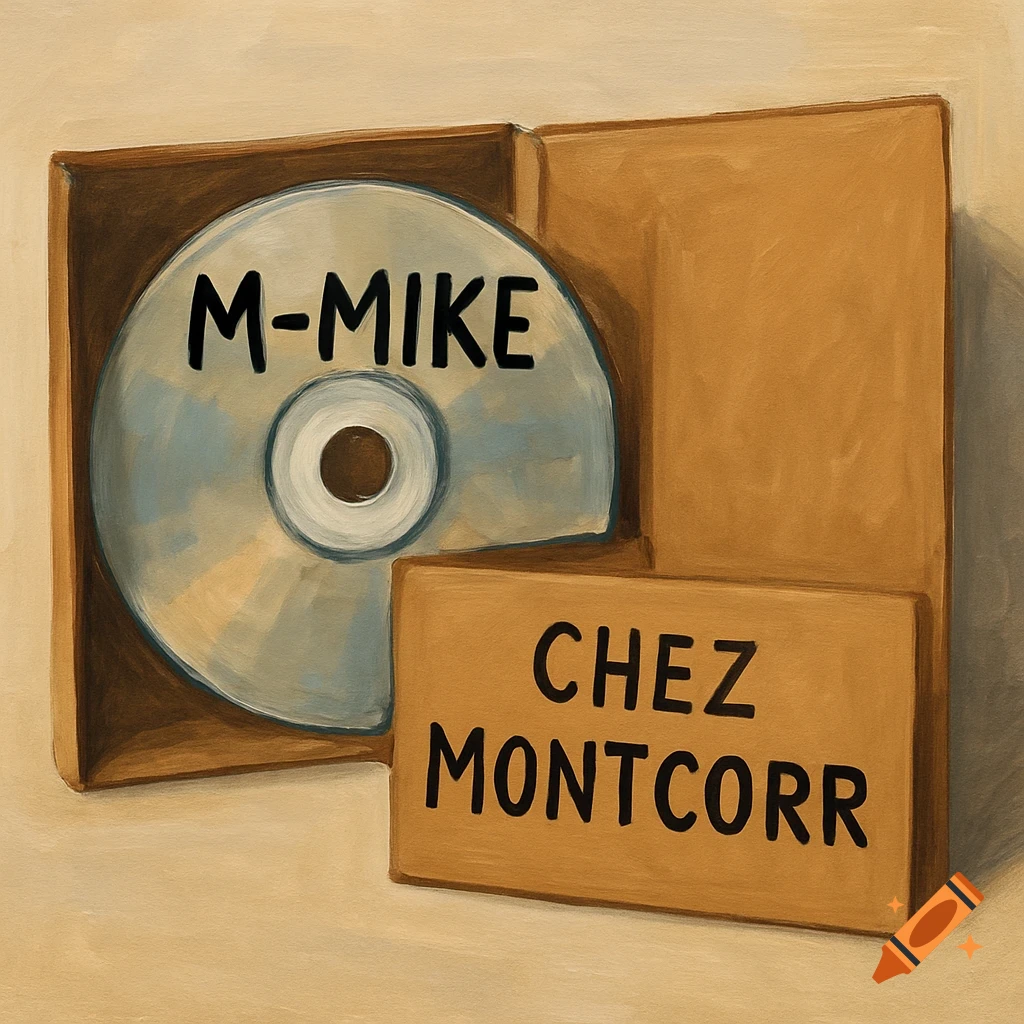 Illustration of a CD labeled M-MIKE in an open cardboard case labeled ...