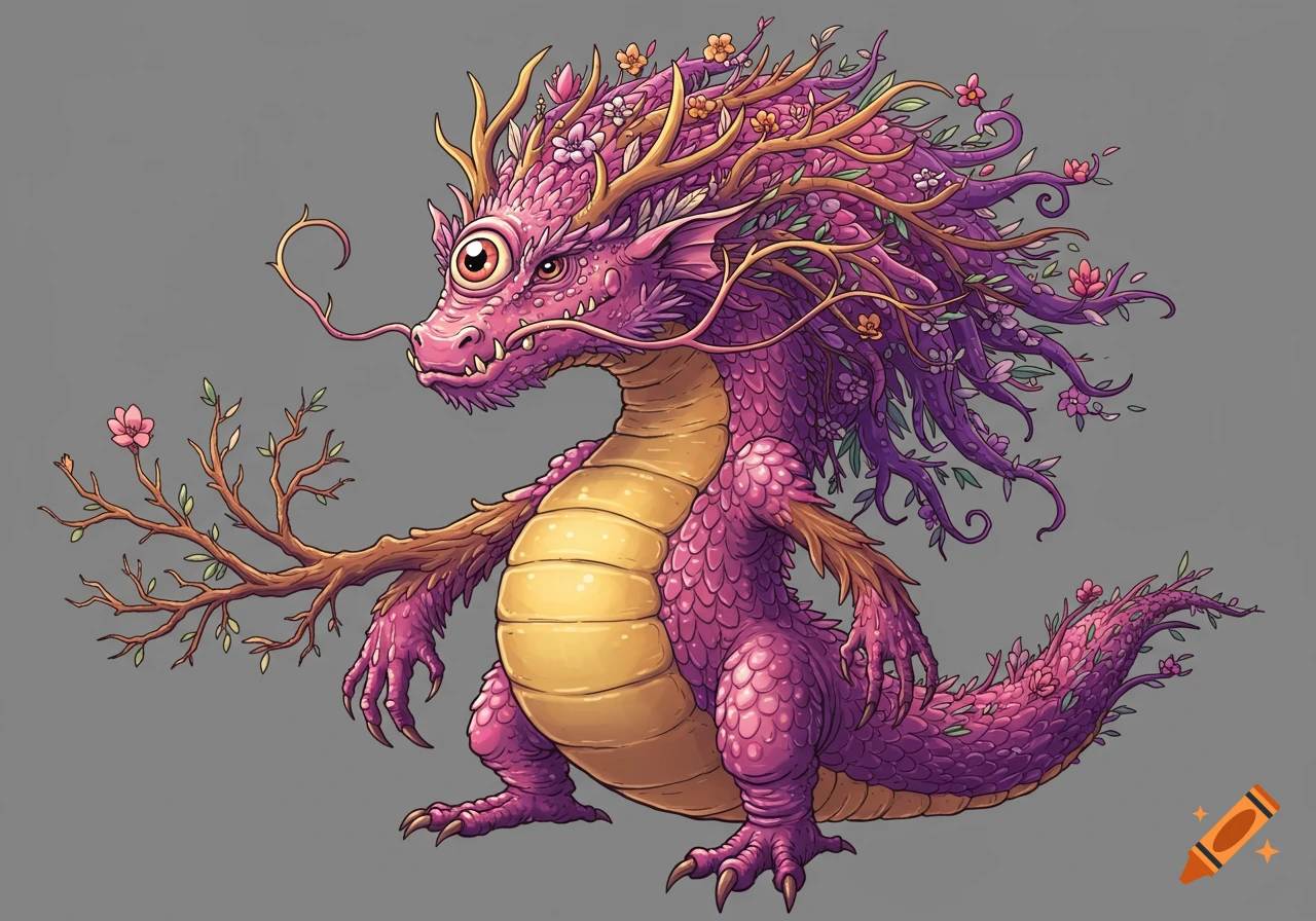 Illustration of a pink, scaly, one-eyed dragon with branch arms and a ...