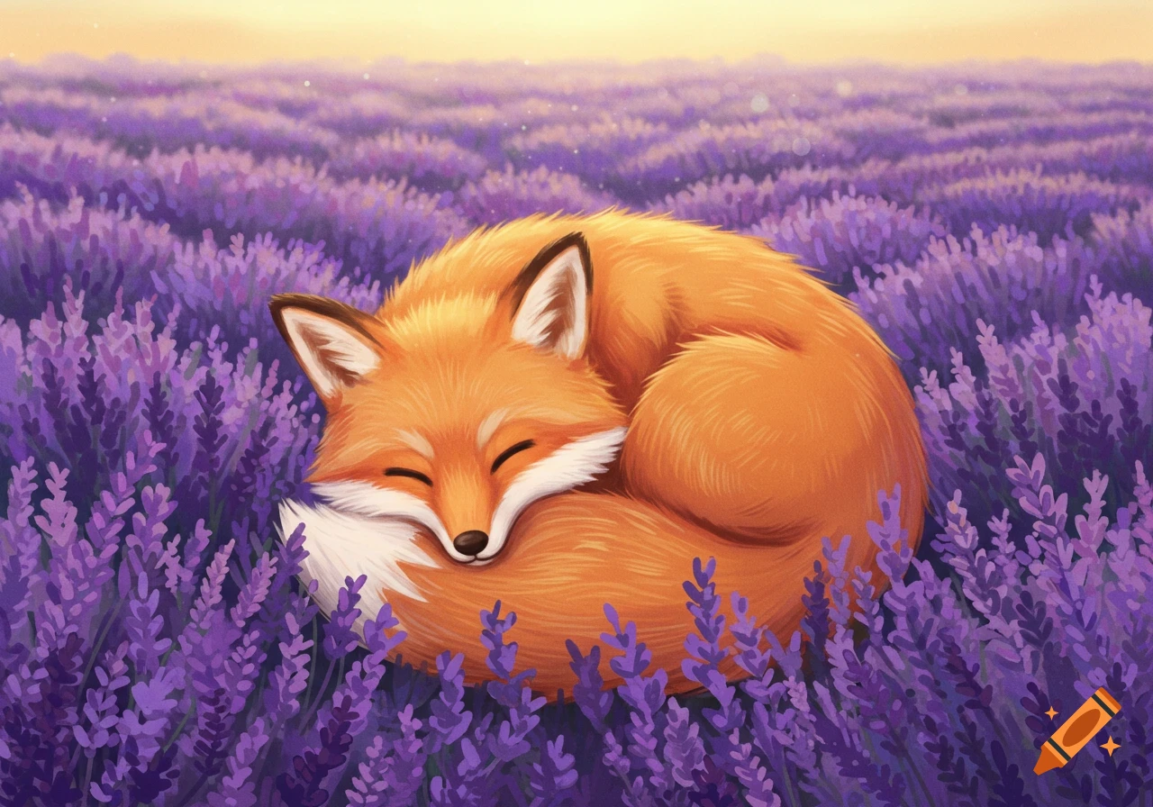 A cute fox sleeps curled up in a field of purple lavender flowers at ...