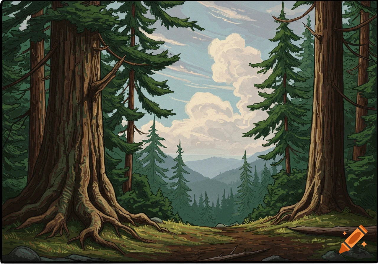 Stylized drawing of a forest path between large trees, leading to ...