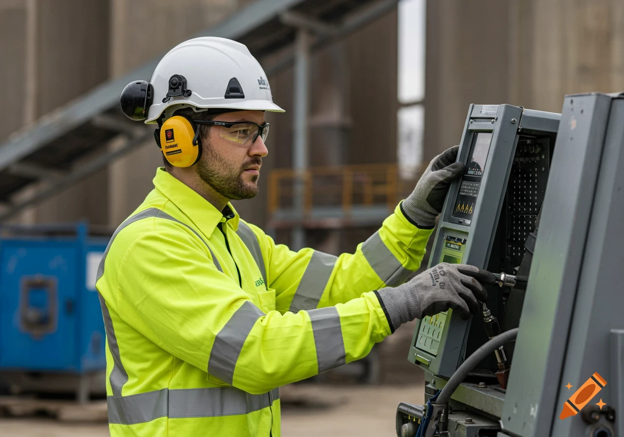 Man in hard hat, safety glasses, ear protection, and high-vis shirt operating equipment at a ...