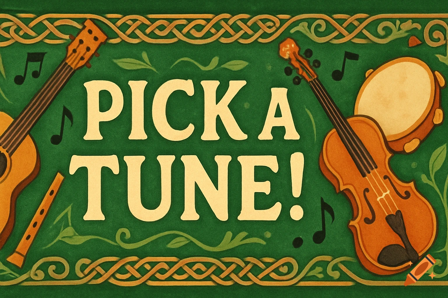 A green banner with "PICK A TUNE!", a guitar, violin, drum, and Celtic ...