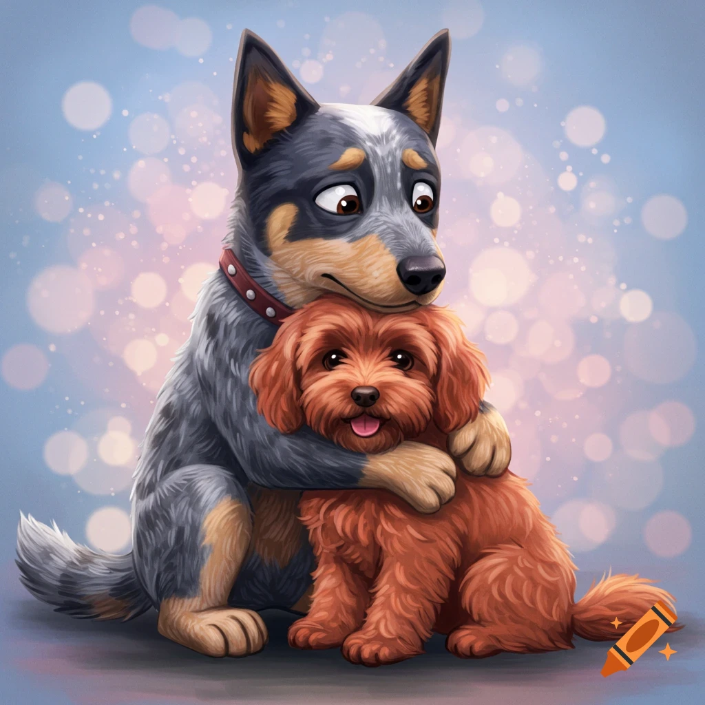 A stylized illustration of a blue heeler hugging a red cavapoo. on Craiyon