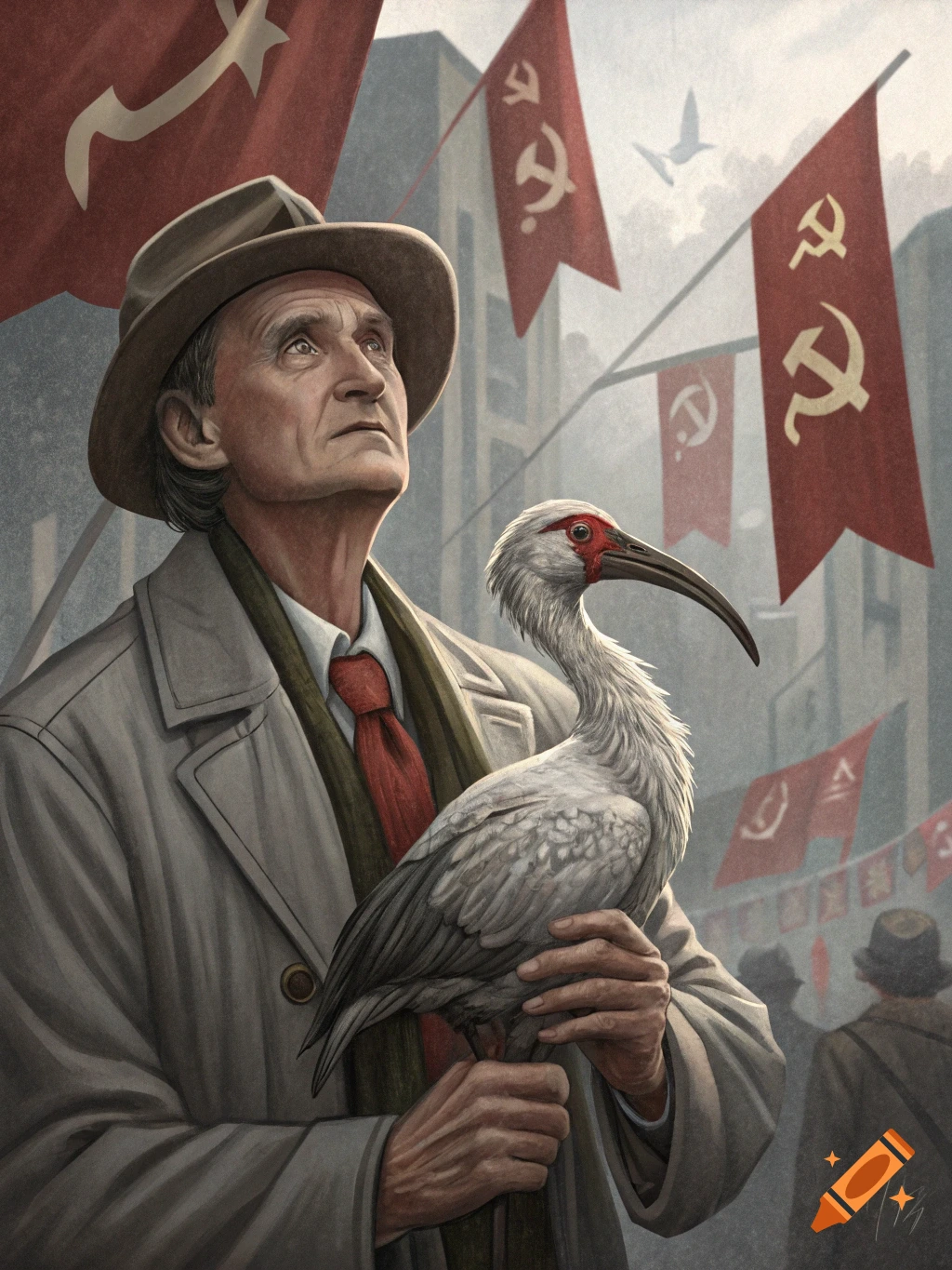 Man in hat and coat holding an ibis bird with communist flags in the ...