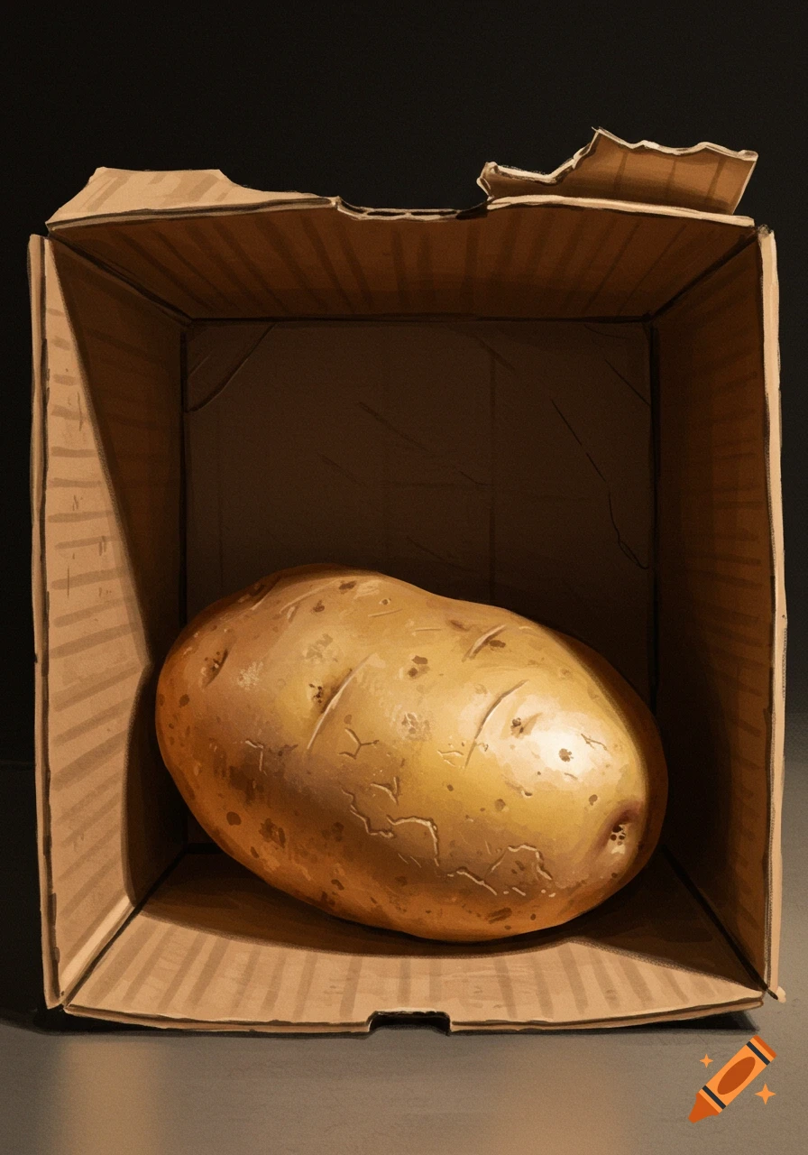 An illustrated still life of a potato inside a cardboard box. on Craiyon