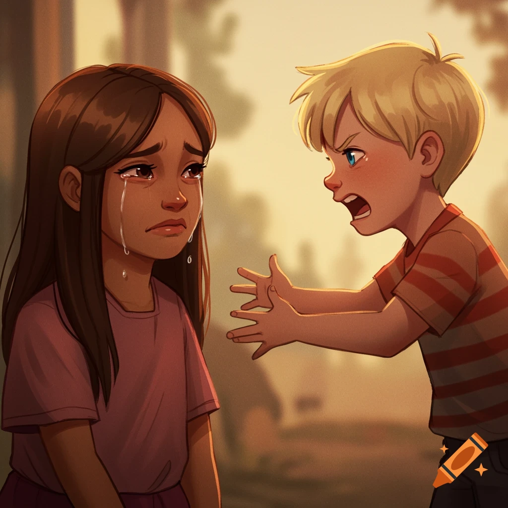 Illustration of a girl crying while a boy shouts and gestures angrily ...