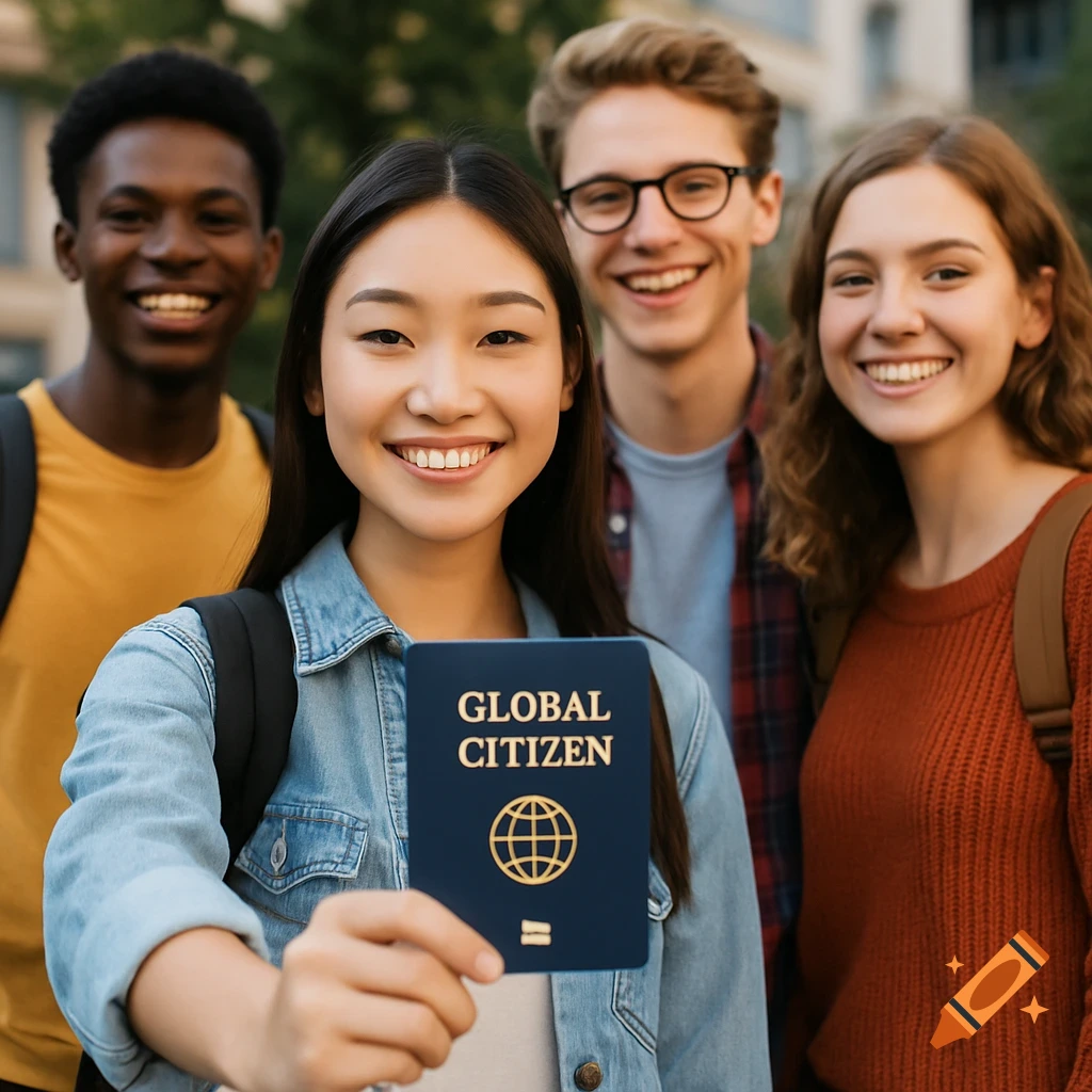 Four diverse students smiling, one holding a blue Global Citizen ...