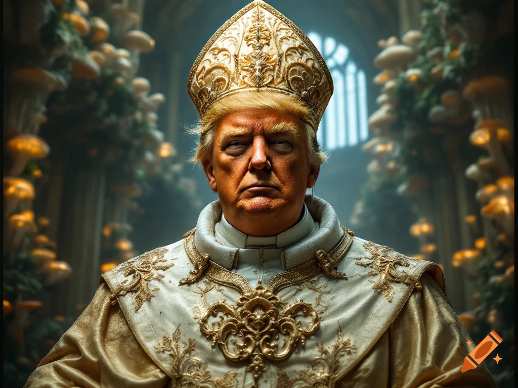 Portrait of Donald Trump in golden papal robes and mitre in a surreal ...