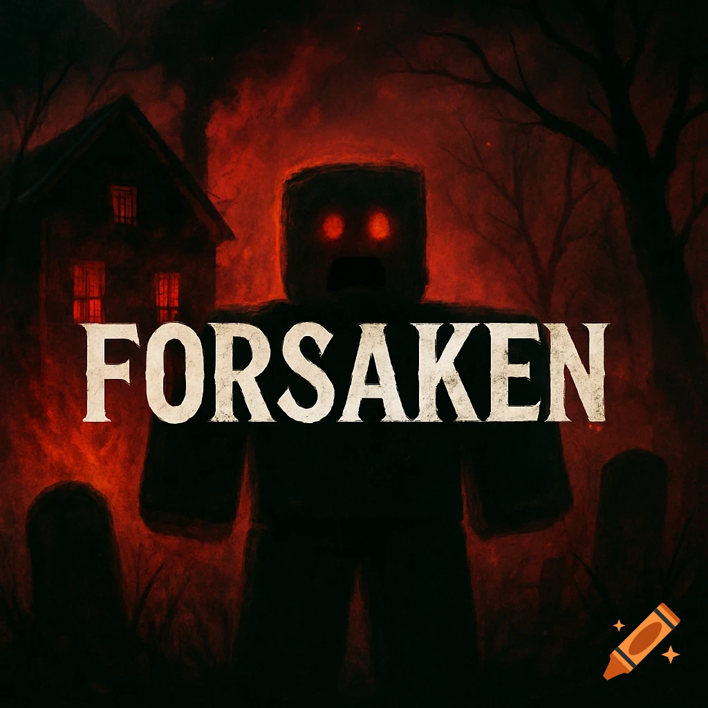 Blocky figure with glowing red eyes stands in front of a horror house ...