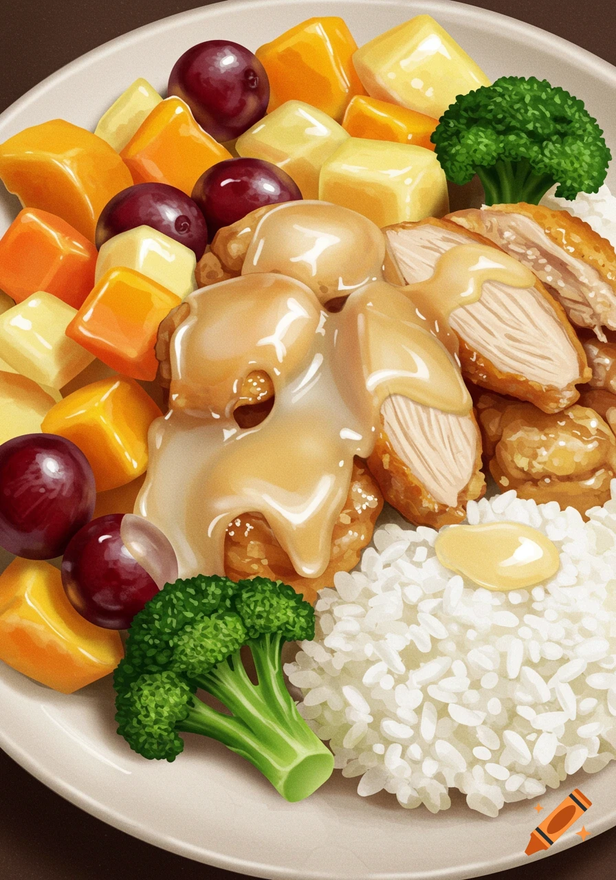 Close-up of a plate of chicken, rice, broccoli, fruit, and sauce. on ...