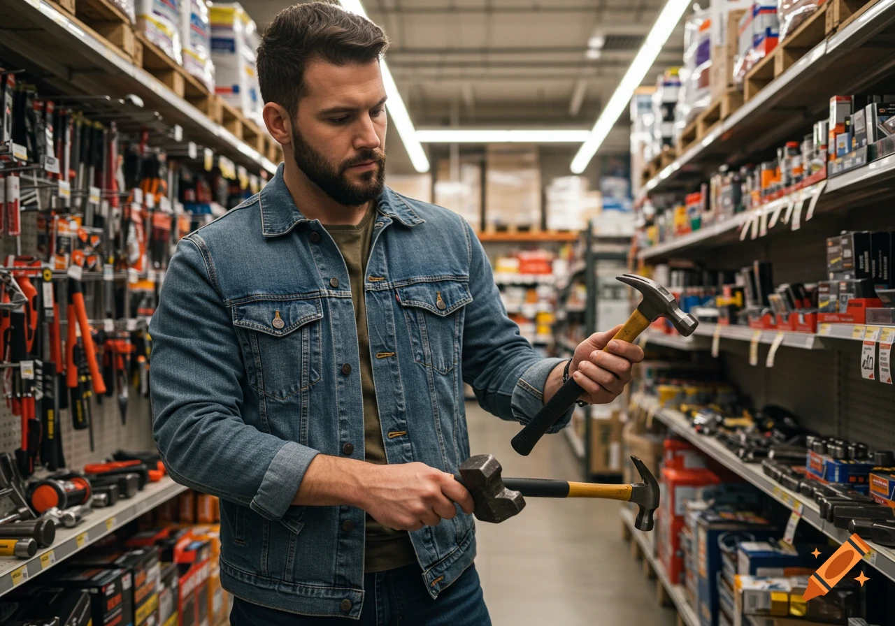 A man in a denim jacket holding two hammers in a hardware store aisle ...