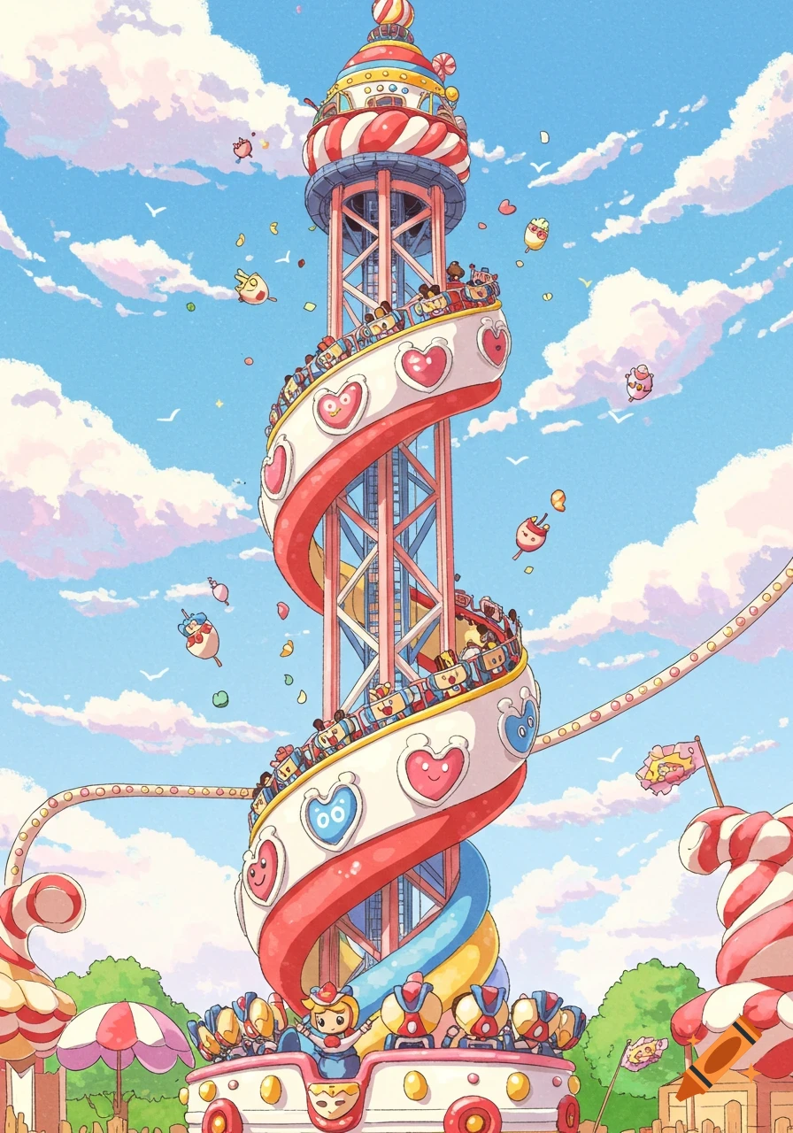 A cartoon candy-themed amusement park drop tower ride with cute ...