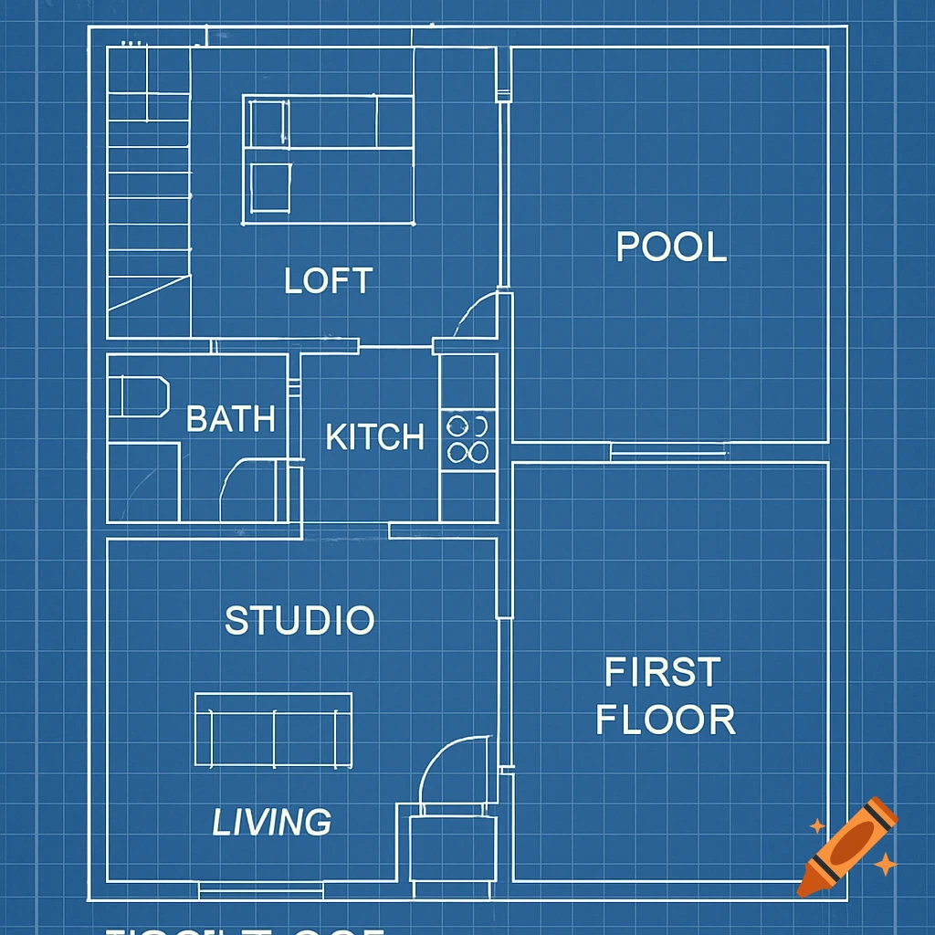 Blueprint floor plan for a two-story building with pool. on Craiyon
