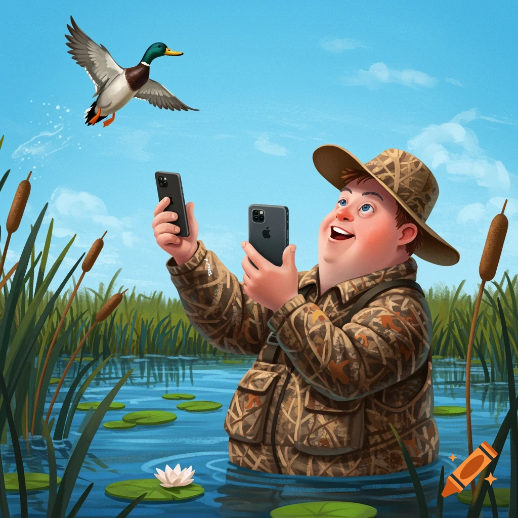 Illustration of a duck hunter holding up two phones to photograph a ...