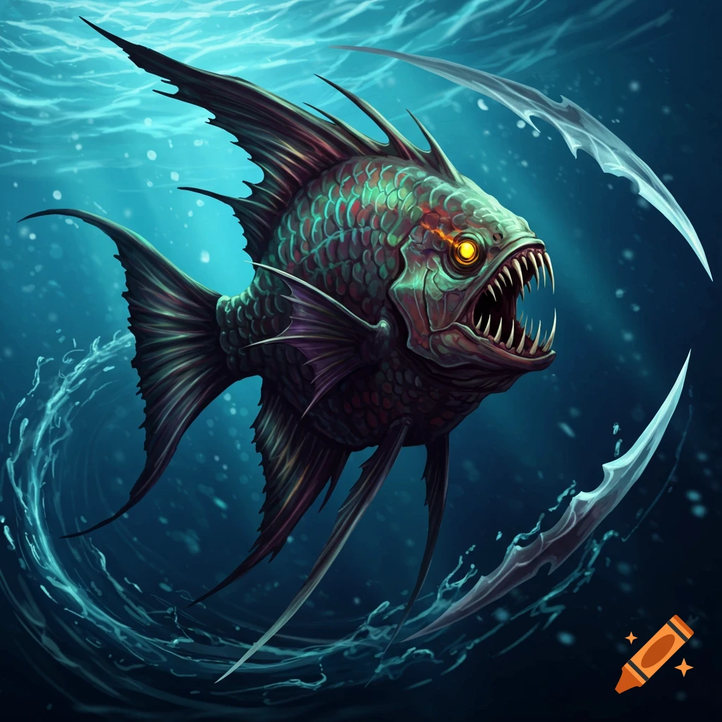 A scary, spiky fantasy fish with sharp teeth and glowing eyes swims ...