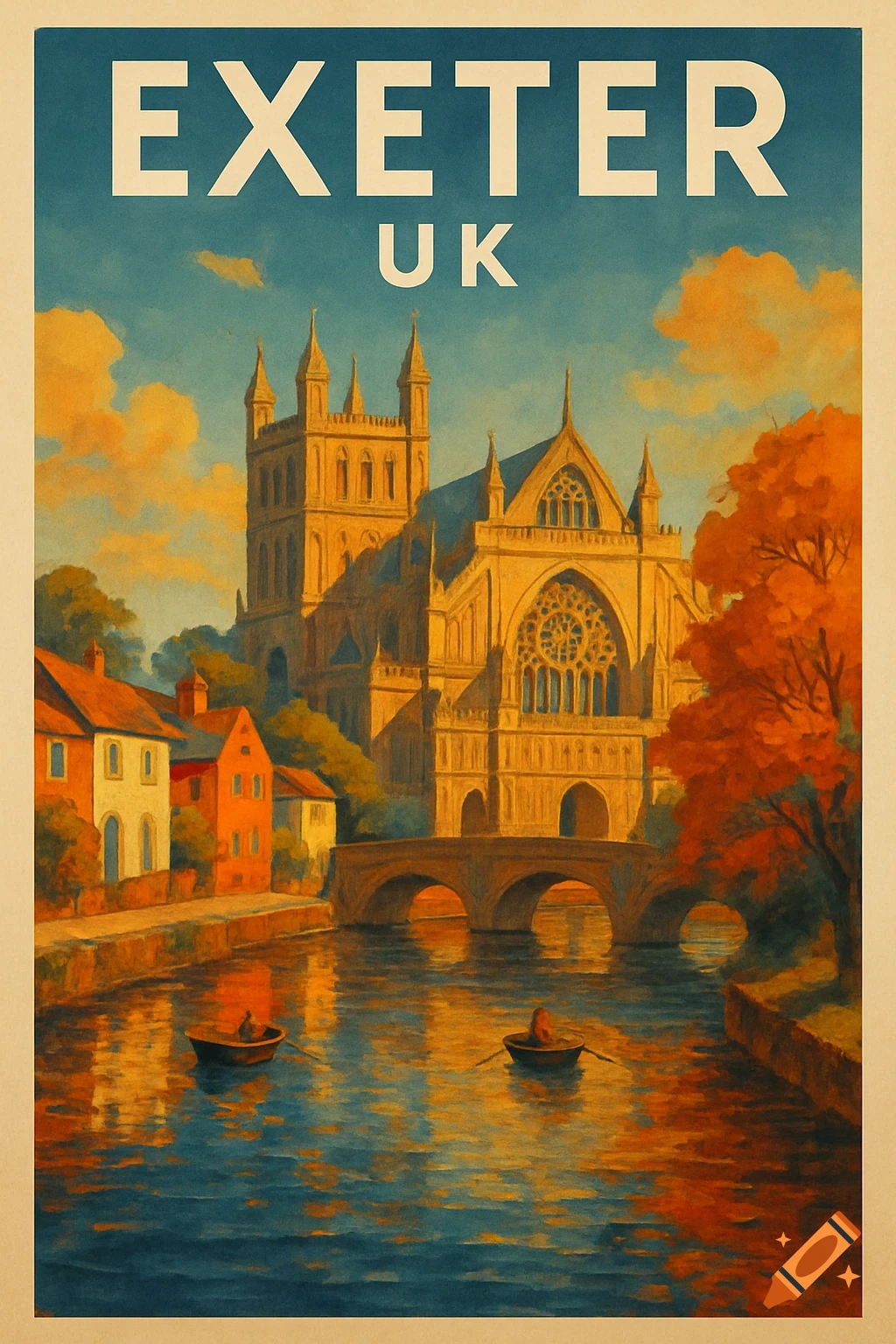 Travel poster style painting of Exeter Cathedral, river, and boats in ...