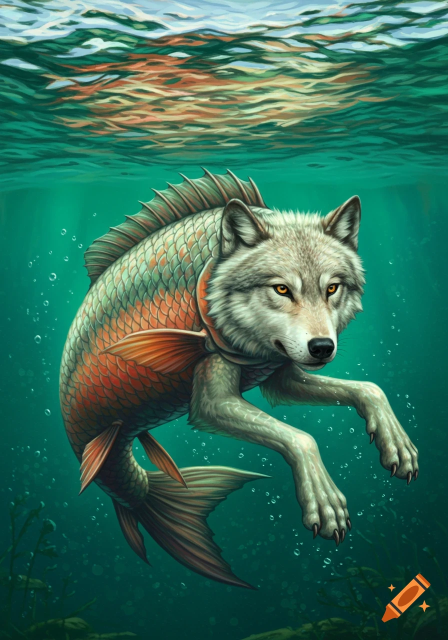 An illustration of a creature that is half wolf, half fish, swimming ...