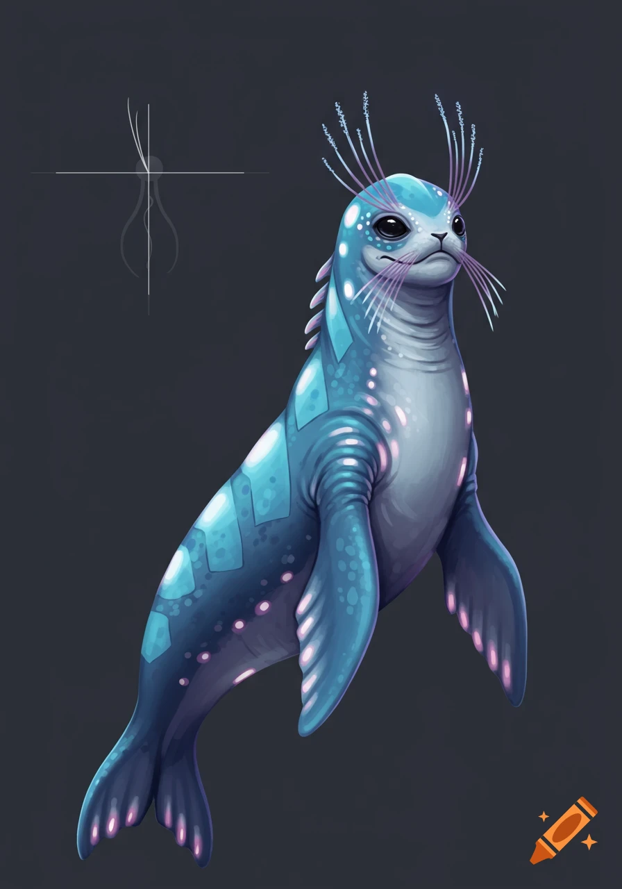 Digital painting of a blue and white seal-like alien creature with ...