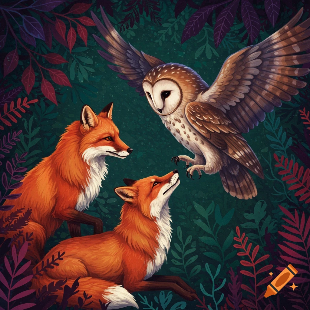 A barn owl flies towards two red foxes in a lush forest illustration ...